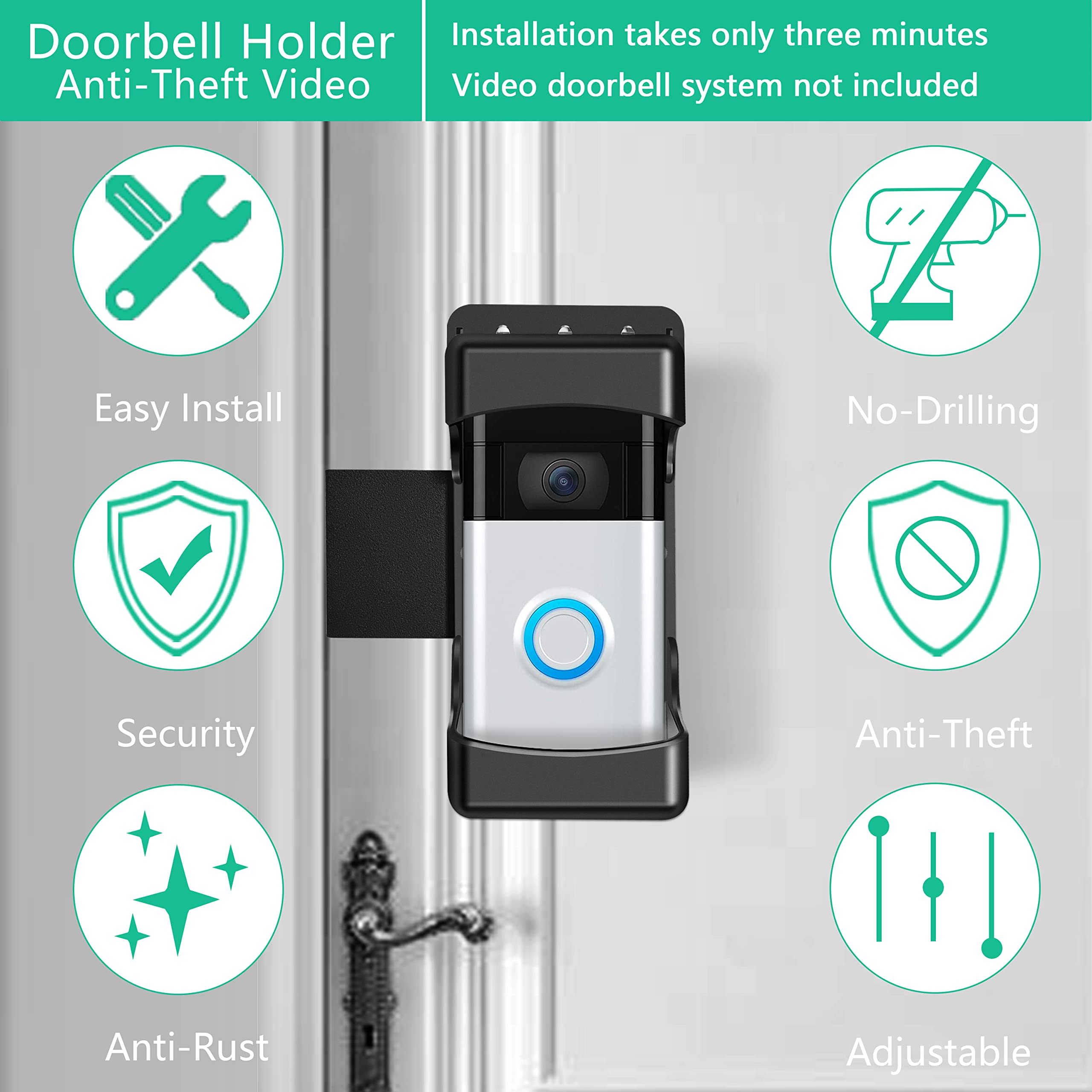Video Doorbell Holder for Apartment Door, No-Drill, Anti-Theft, Camera Holder Mount for Home Rentals Office