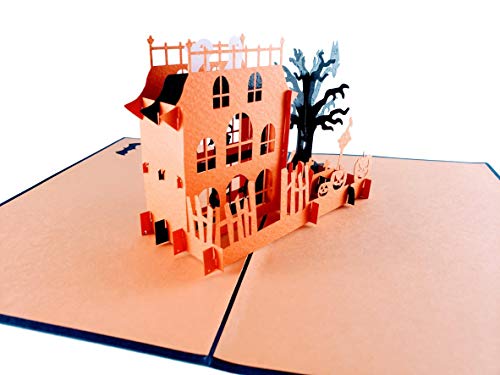 iGifts And Cards Creepy Haunted Mansion 3D Pop Up Greeting Card - Happy Halloween Pumpkin, Friendly Ghost, Evil Witch, Spooky Owl, Large Spider, Black Cat, Fun Birthday Gift, Cute Tombstone & Cemetery