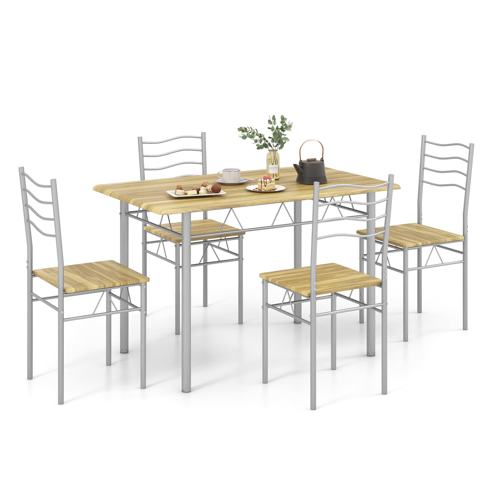 COSTWAY Kitchen Table Chairs Set of 4, 5 Piece Metal Rectangular Dinette Set w/Non-Slip Pad, Space-Saving Design, Modern Dining Room Table Set for Small Place Breakfast Nook Restaurant (Walnut)