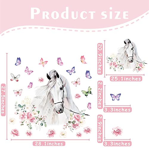 White Horses Wall Decals Farm Animal Decals Peel and Stick Wild Horse Wall Decor Butterfly Flowers Wall Stickers Horses Wall Art Mural for Living Room Kids Bedroom Nursery Farmhouse Office Decor Gift