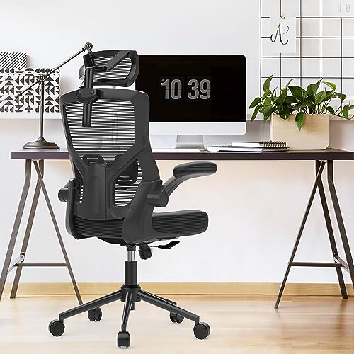 π―πΆπ΄π¬ πΆπππ°πͺπ¬ πͺπ―π¨π°πΉ, Ergonomic Mesh Desk Chair, High Back Computer Chair- Adjustable Headrest with Flip-Up Arms, Lumbar Support, Swivel Executive Task Chair (Modern, Black)