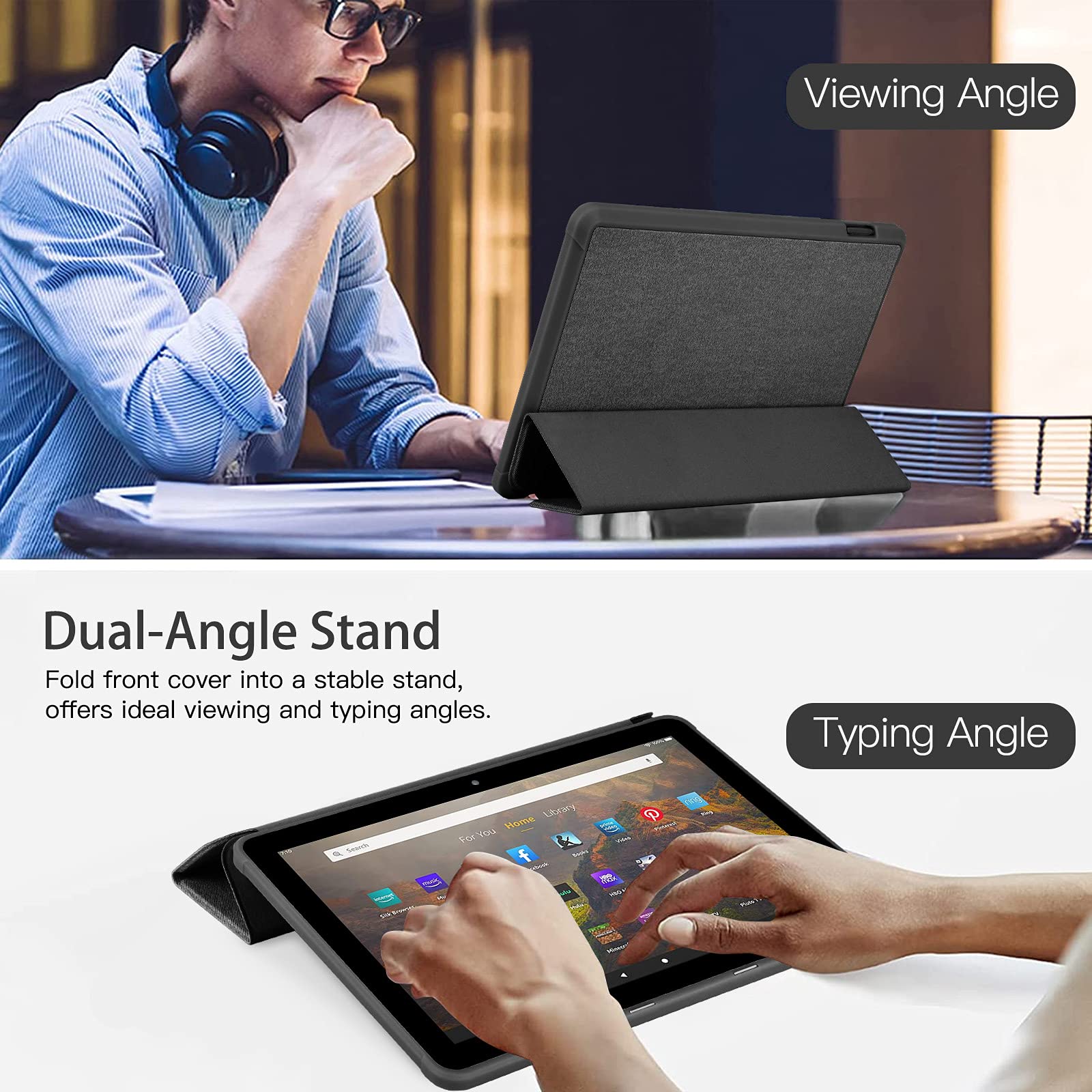 Case for All-New Kindle Fire HD 10 and Fire HD 10 Plus Tablet (Only Compatible with 11th Generation 2021 Release) Ultra Lightweight Slim Shell Stand Cover with Auto Wake/Sleep Two Stand Modes(Black)