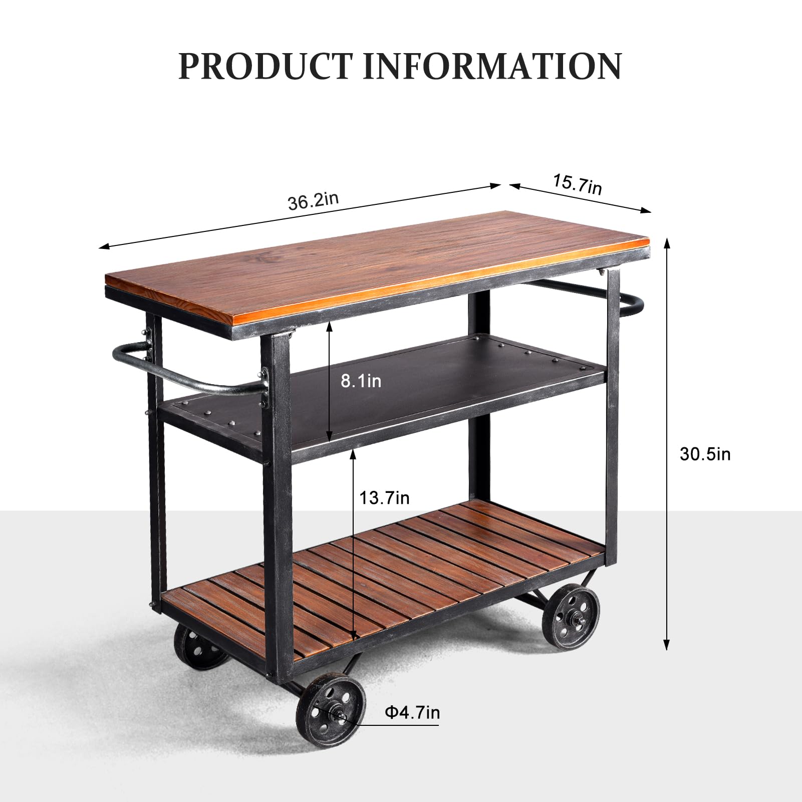 BOKKOLIK Vintage Rolling Bar Cart on Wheels Industrial Mobile Serving Cart Metal and Wood Design for Kitchen Bar Office Coffee House 36.2" Lx15.75 Wx30.5 H 3 Tier with 2 Side Handle