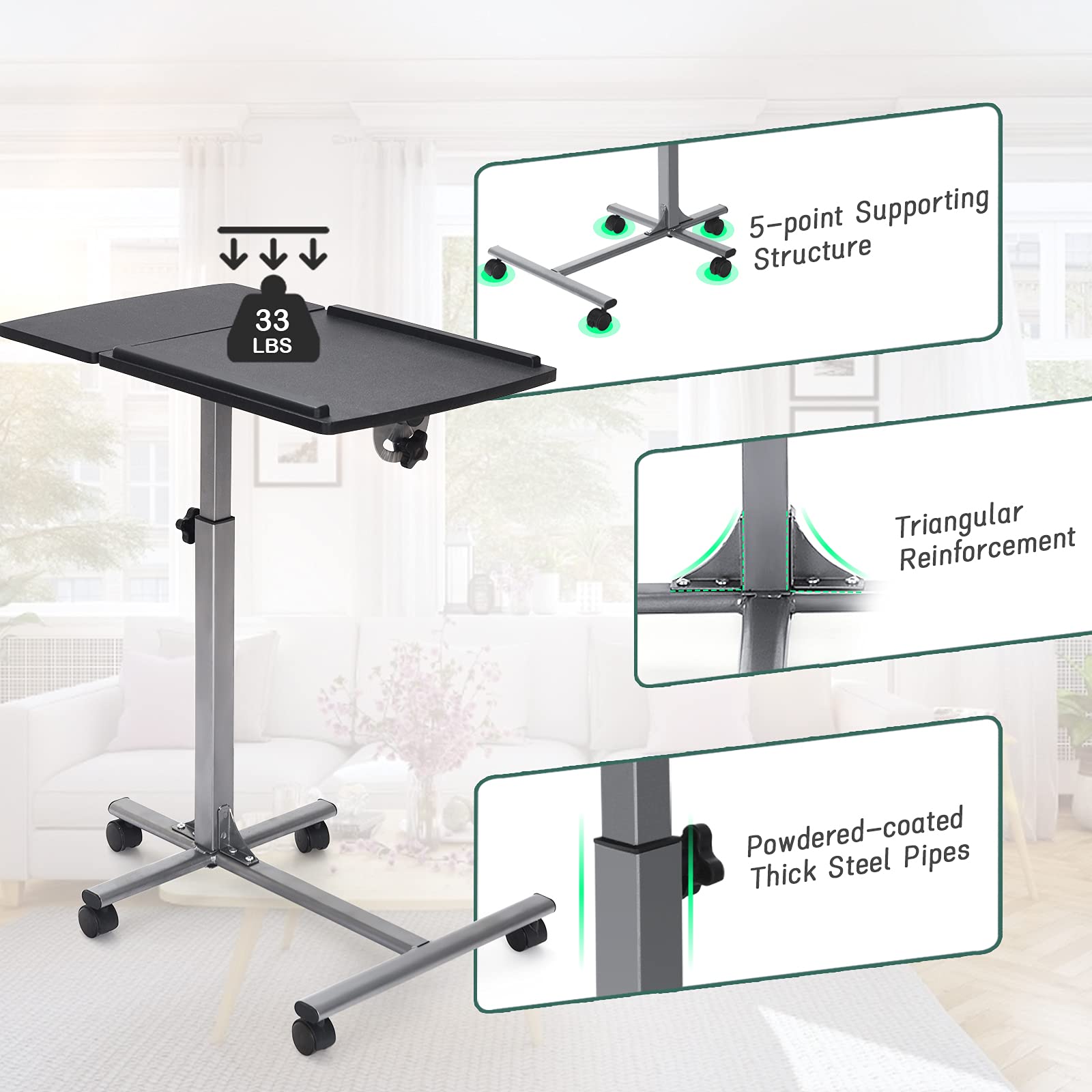 COSTWAY Rolling Laptop Stand, Mobile Laptop Tray and Cart with 45 °Degree Swivel Tilting Tabletop, Height Adjustable Mobile Podium from 24.5'' to 36'', Overbed Computer Workstation Table for Sofa, Bed