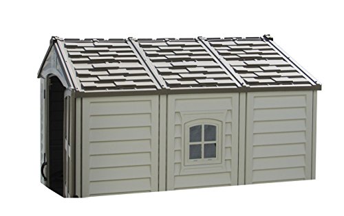 Duramax 0638801402145 Woodbridge Plus 10.5 x 8 Plastic Garden Shed with Foundation Kit & Fixed Window Brown-15 Years Warranty, 10x8, Brown & Ivory