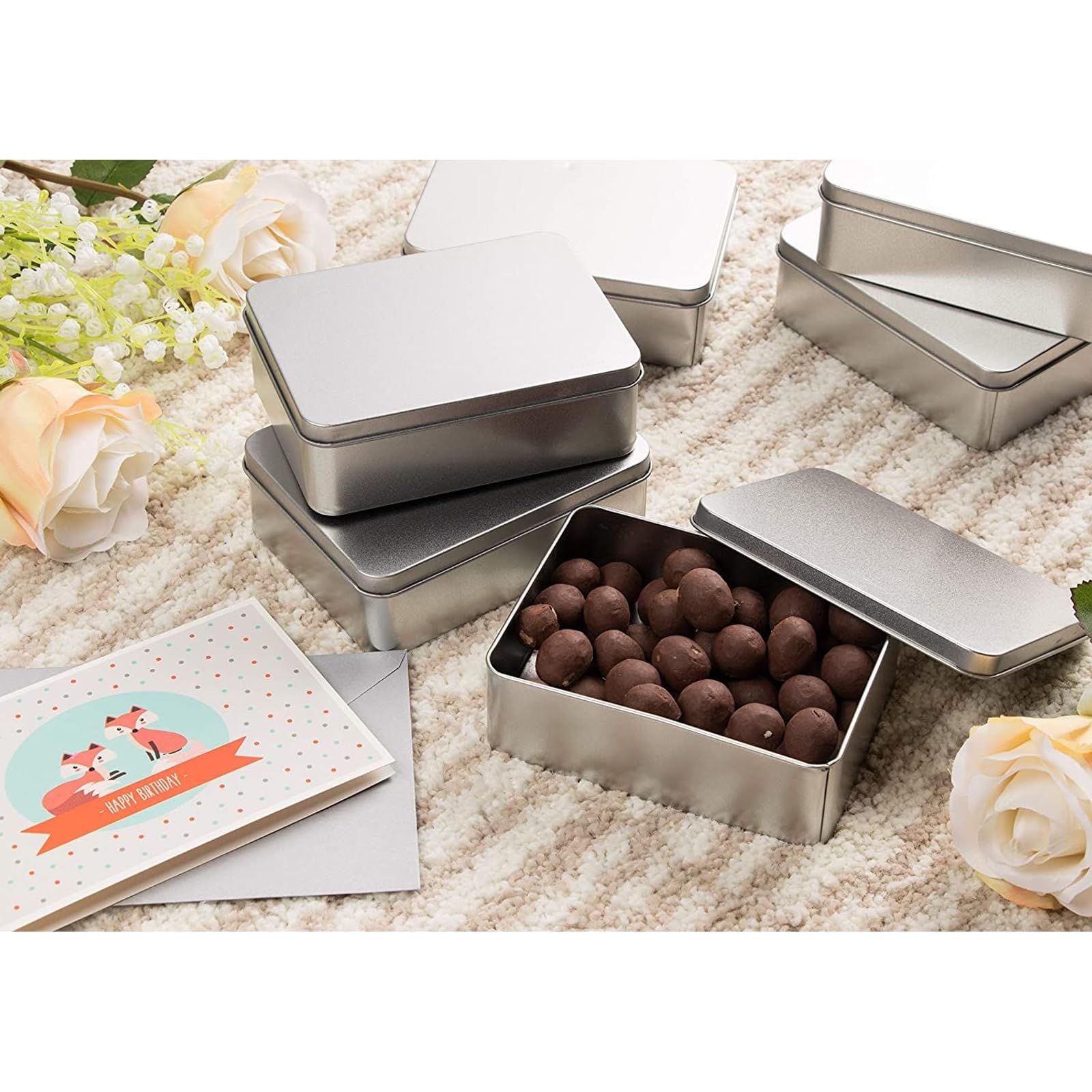 Juvale 6-Pack Gold Metal Cookie Tins with Lids - Small Rectangular Tin Boxes for Gift Giving, Home Organization (4.9x3.7x1.6 In)