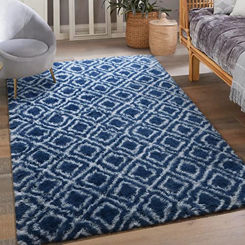 Guucha Soft Plush Fluffy Carpets, 5'x8' Fluffy Rugs, Geometric Moroccan Shaggy Rugs for Living Room Bedroom Nursery Room Kids' Room, White/Blue