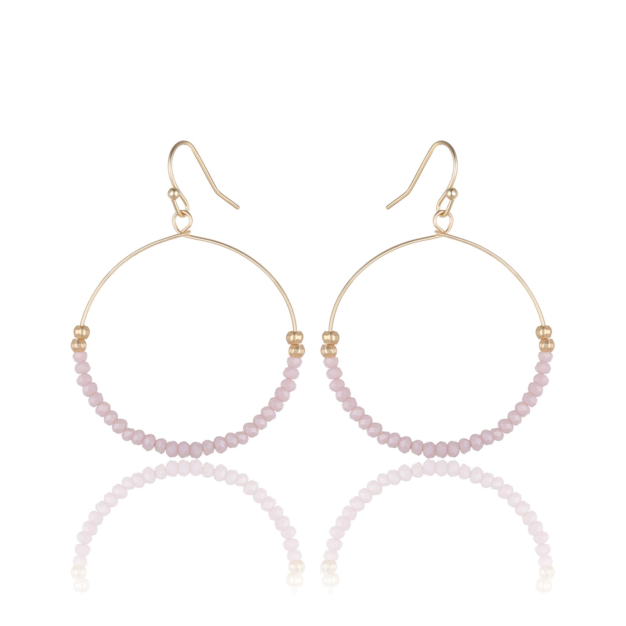 Bohemian Boho Round Circle Hoop Dangle Drop Earrings for Women – Delicate - Handcrafted – Colorful Faceted Glass Beads – Gold Plated – with Gift Box Included (White Opal)
