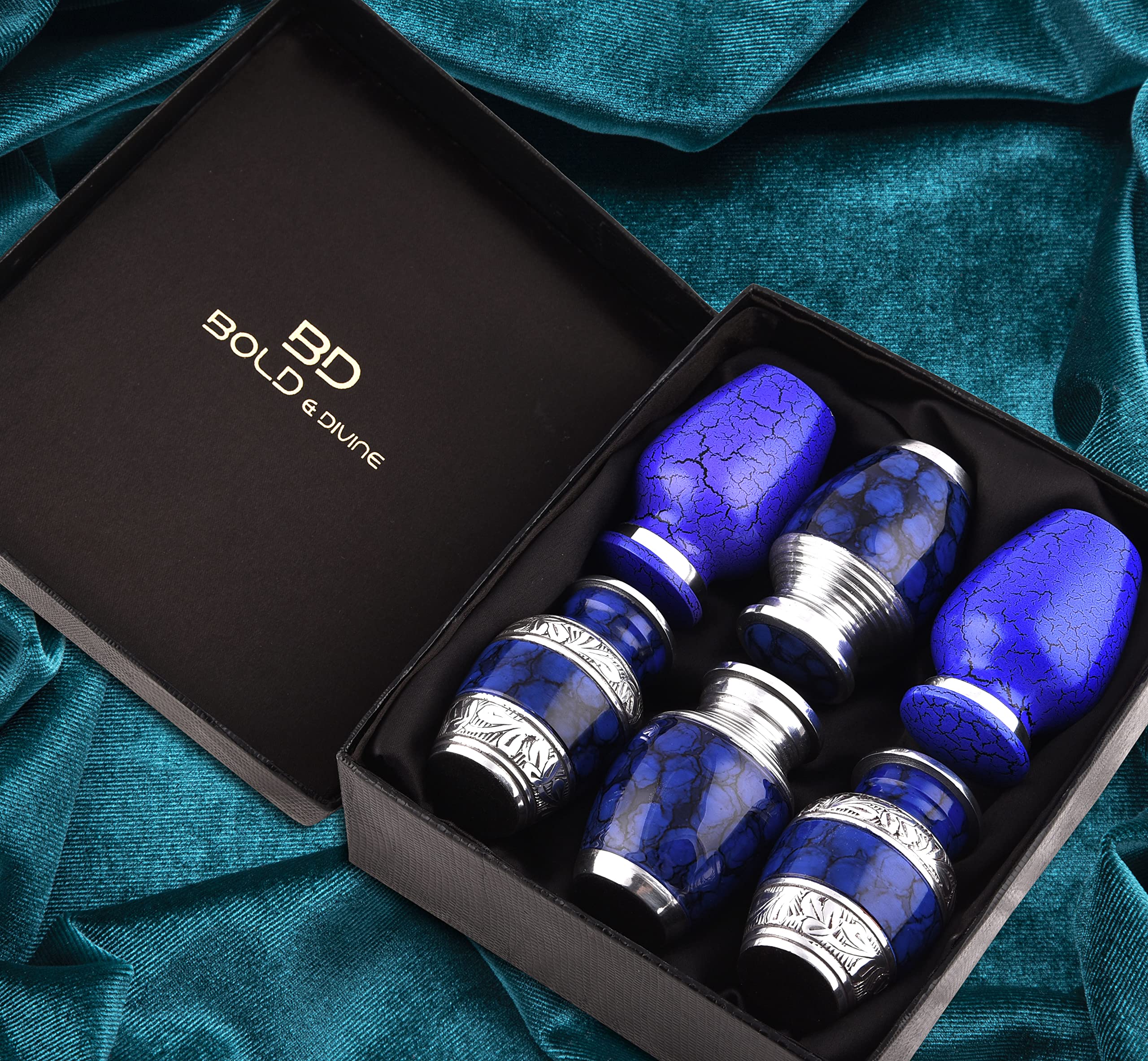 BOLD & DIVINE Small Cremation Urns for Human Ashes | Set of 6-3 Cubic Inches | Mini Keepsake Blue and Silver with Velvet Case