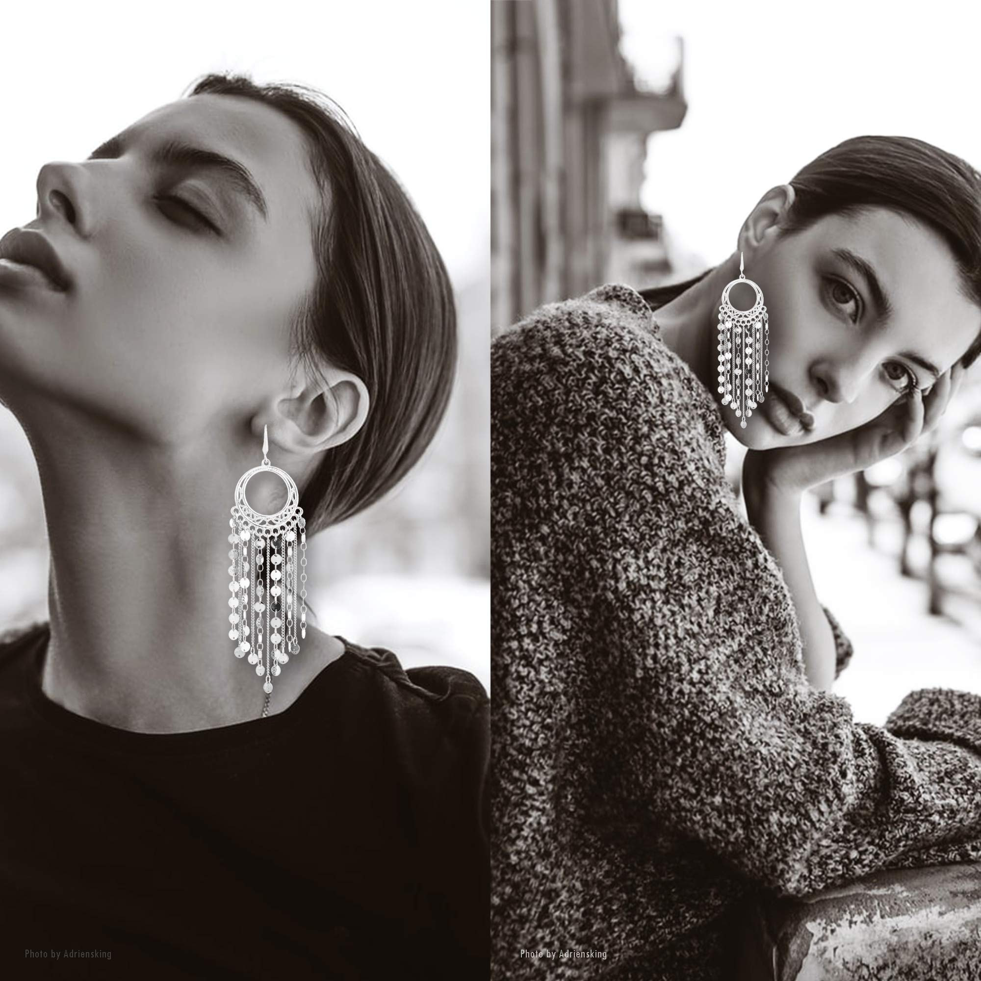 Bohemian Boho Tassel Dangle Drop Earrings for Women – Lightweight Filigree Gypsy Coin Chandelier Disc Charm Hoops – included Gift Box (Round - Silver)