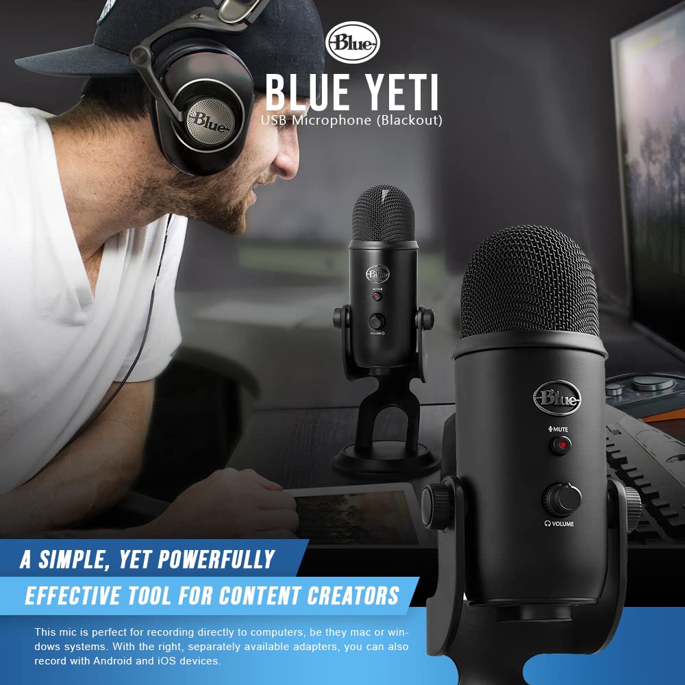 Blue Yeti USB Microphone (Blackout) with Pro Studio Monitoring Headphones and Mic Boom Arm Platinum Accessory Pack