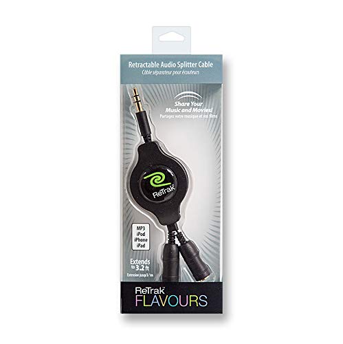 ReTrak Retractable Headphone Splitter, Black (ETCABLESPLBLK)