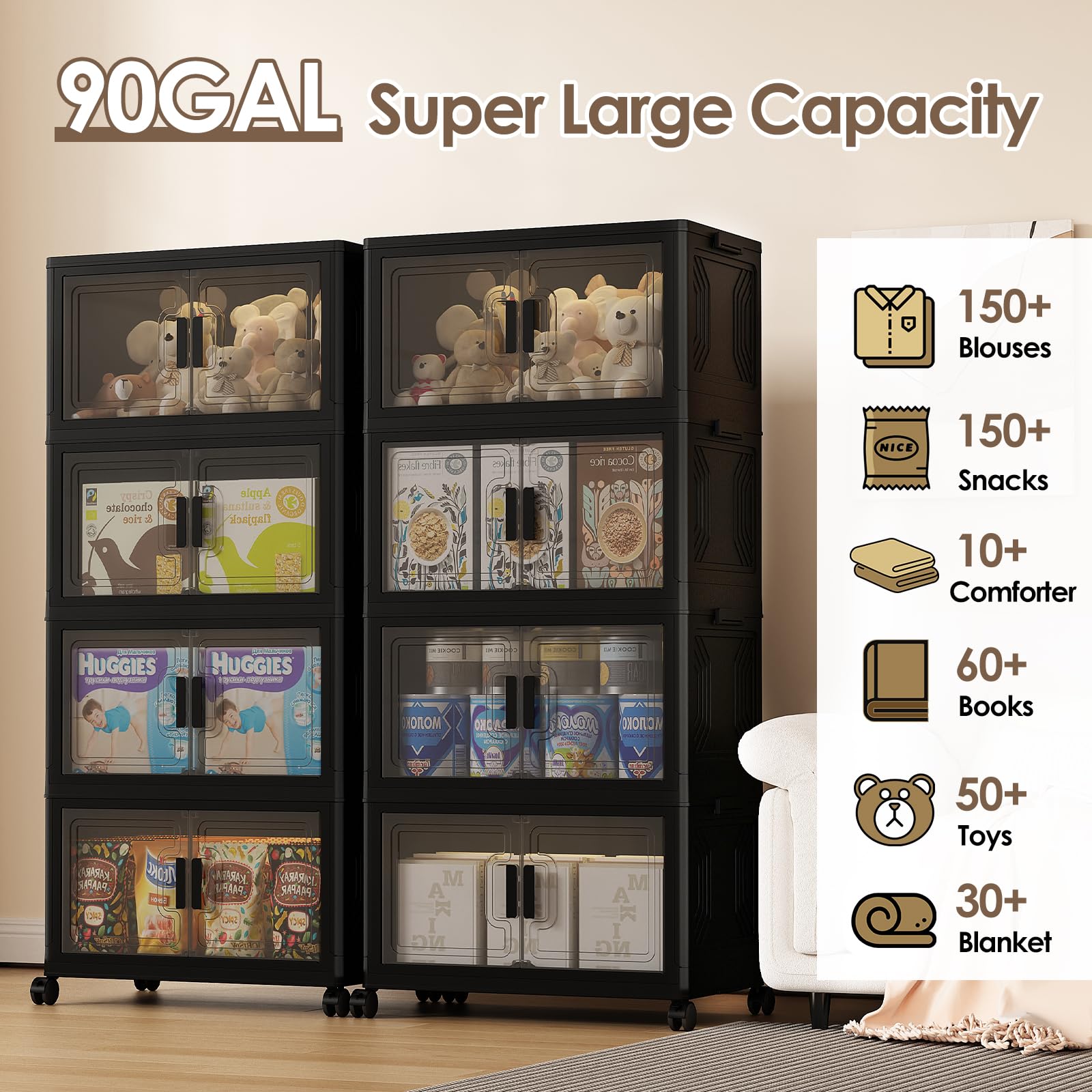 Fangtueh 90GAL Stackable Storage Bins with Lid and Wheels, Closet Organizers and Storage, Collapsible Storage Bin with Doors, Plastic Storage Drawer Folding Cabinet Cube Garage Container, 3Pack Black