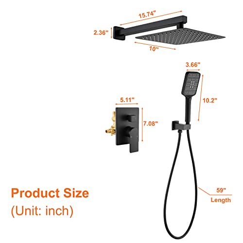 DIFEINI Shower Faucet Set Matte Black Shower System with 10 Inches Stainless Steel Rainfall Shower Head Pressure Balance Rough-in Valve Trim Kit Shower Fixture Combo Set,6012B