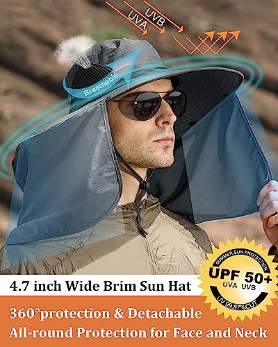 Fishing-Sun Hat Men UV-Protection Neck-Flap - Bucket Hat with Removable Face Cover & Neck Flap Wide Brim UPF 50+ Hiking Hat for Men and Women,Grey