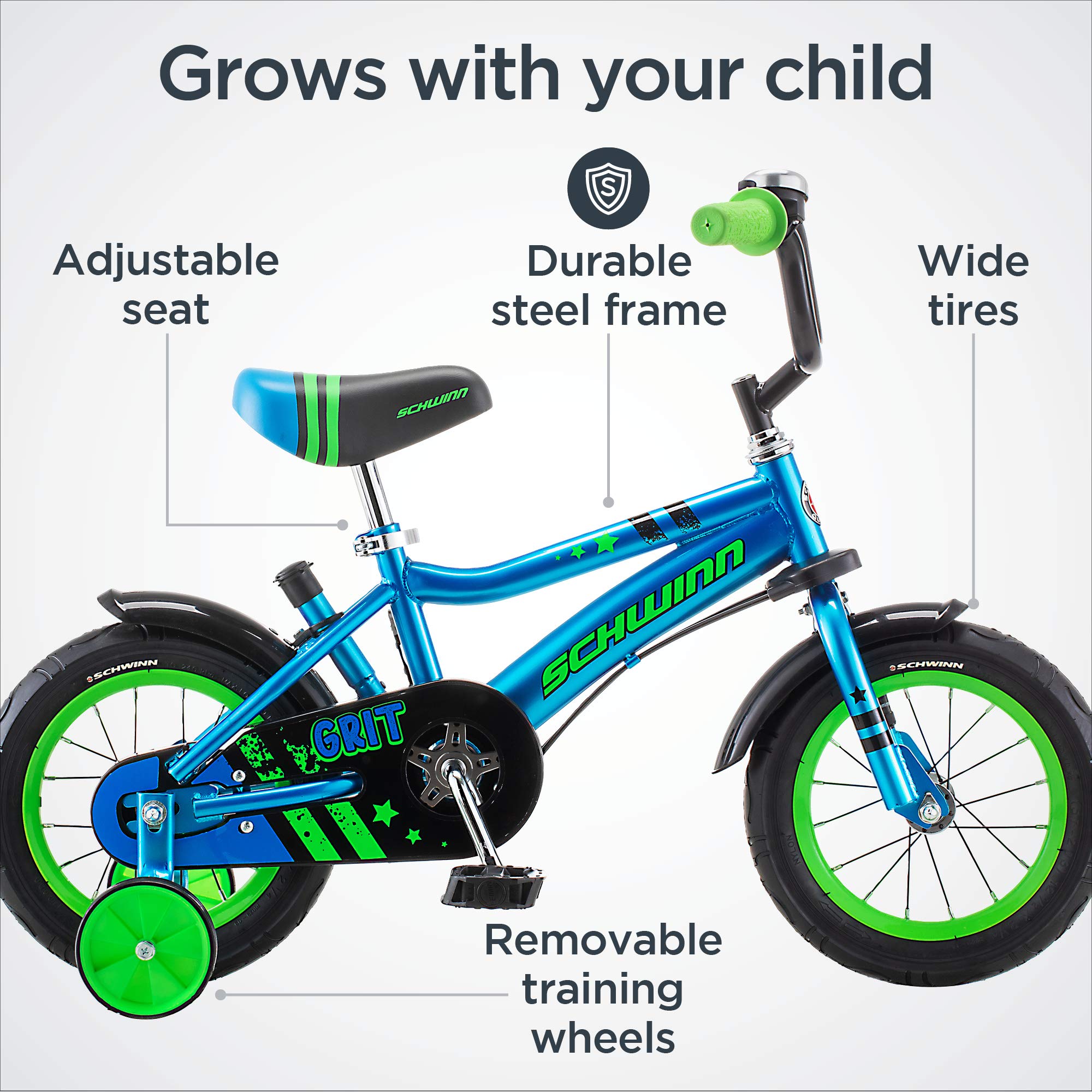 Schwinn Grit Push Steer and Ride Kids Bike, Boys Beginner Bicycle, 12-Inch Wheels, with Training Wheels, Parent Push Handle, Water Bottle and Holder, Blue