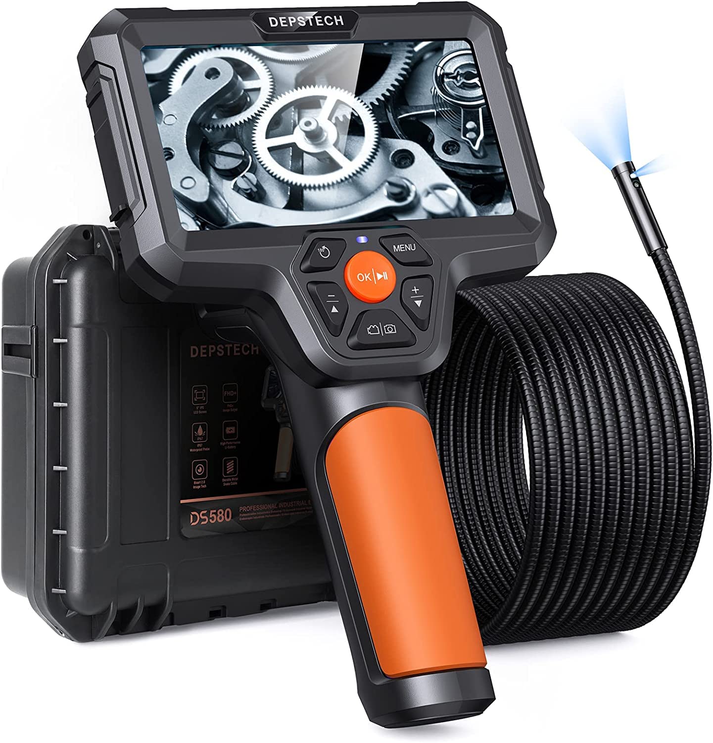 DEPSTECH 5.0MP Dual Lens Borescope, 5'' IPS Screen Endoscope Camera with Light, Industrial Video Inspection Camera, 10ft Gooseneck Snake Camera, Waterproof Scope Camera Tool for Wall, Pipe, Automotive