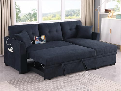FANYE L-Shaped Reversible Pull Out Sleep Sofabed, Modern Velvet Upholstered Tufted Sleeper Sectional Sofa with Storage Chaise, USB Charging Ports, Side Pockets and 2 Pillows for Living Room