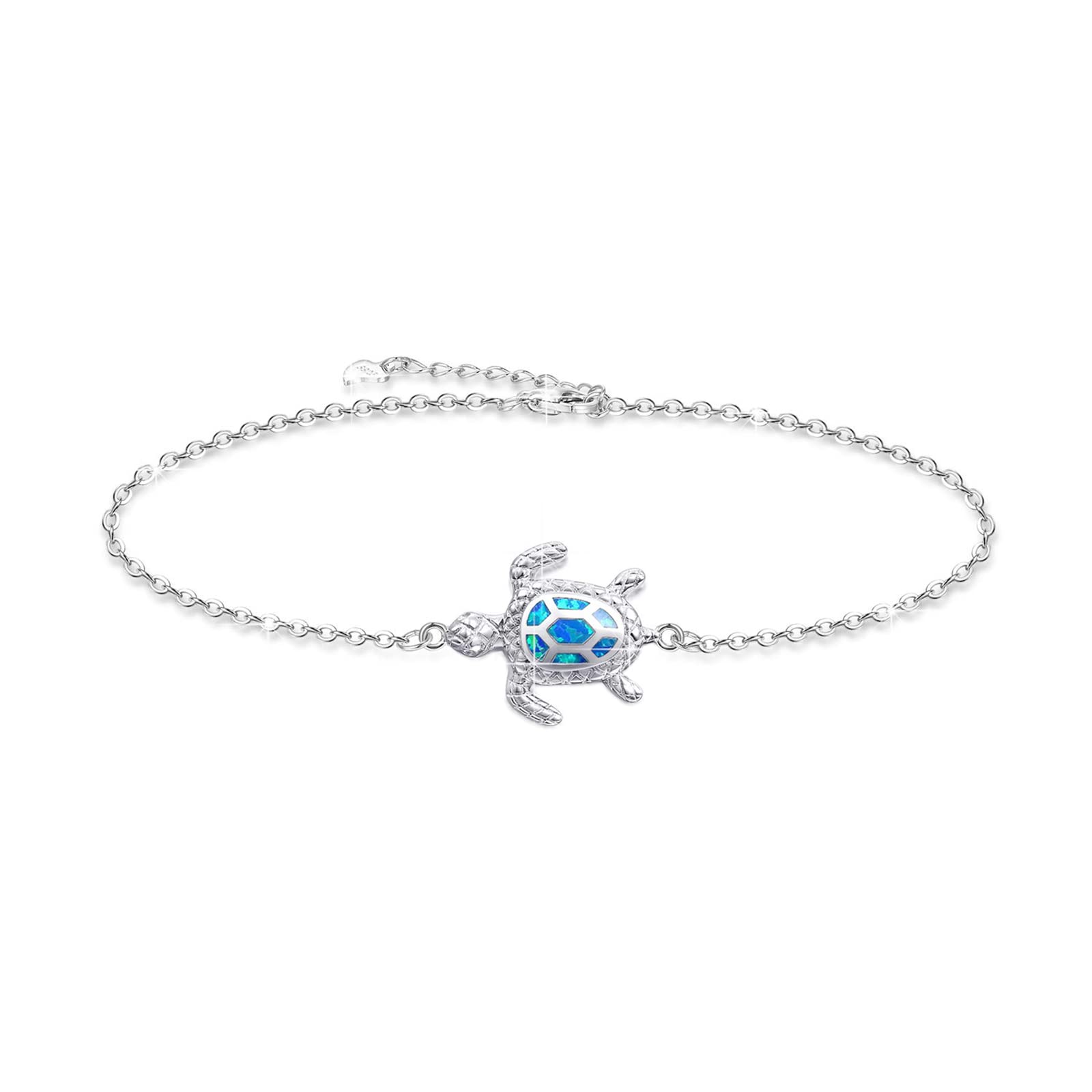 PUPILLEMON Blue Opal Sea Turtle Ankle Bracelet Sterling Silver Anklet Fine Jewelry For Women Gifts (Large Bracelet)