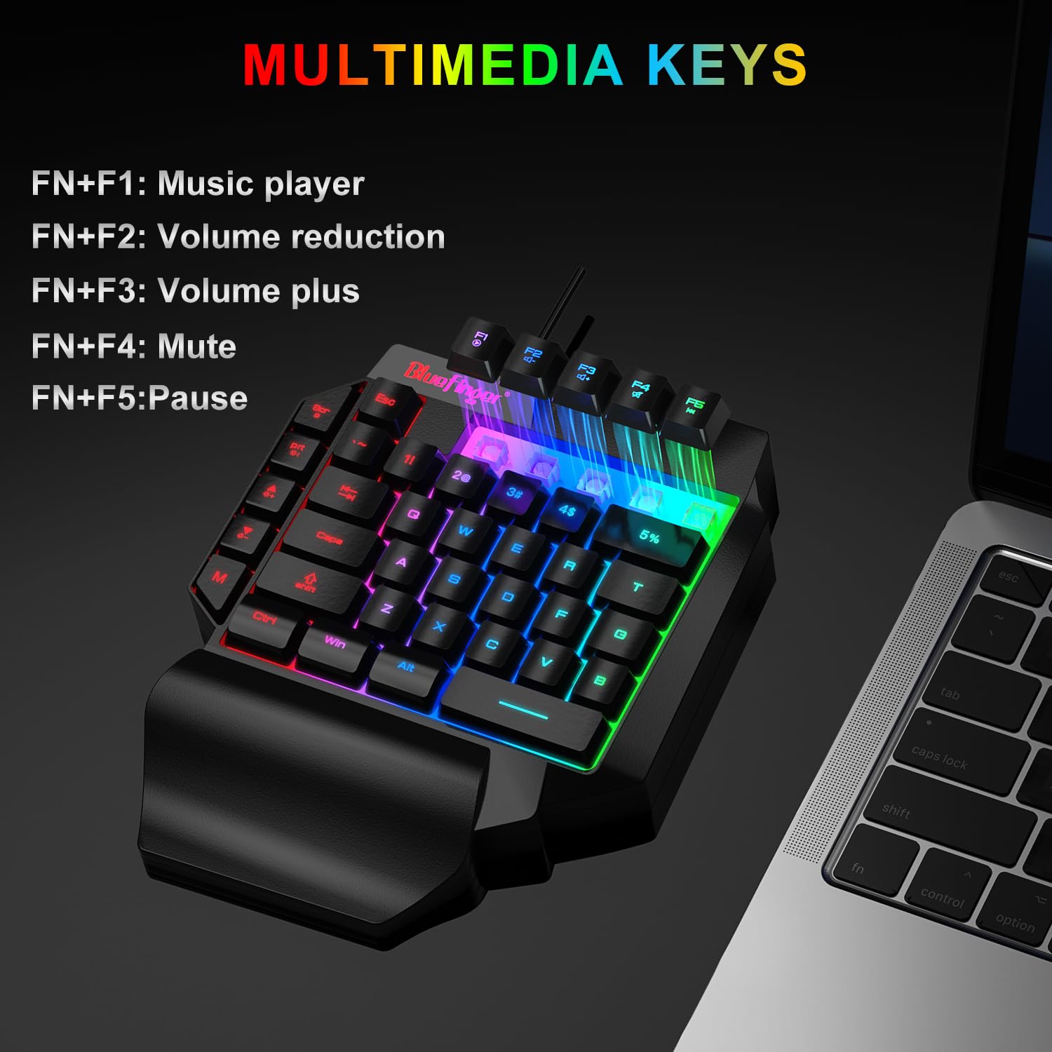 BlueFinger RGB One Hand Mechanical Gaming Keyboard and Backlit Mouse Combo,USB Wired Rainbow Letters Glow Single Hand Mechanical Keyboard with Wrist Rest Support, Gaming Keyboard Set for Game