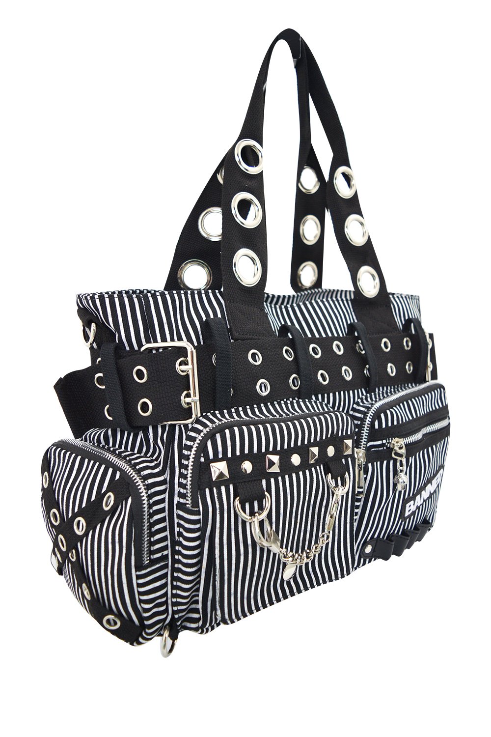 Lost Queen Striped Punk Rock Steampunk Purse with Handcuff Skull Charm (White), Medium