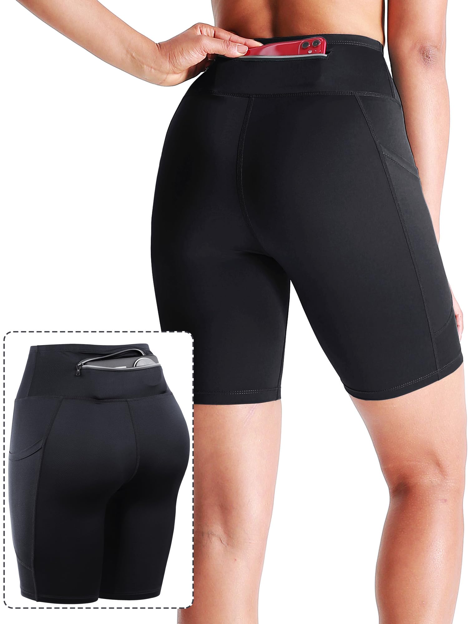 CADMUS 3 Pack High Waisted Shorts for Women 8" Workout Biker Shorts w Two Side Pockets,3044,Pack of 3,Black,Grey,Red,X-Large