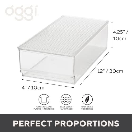 Oggi Clear Stackable Storage Bin with Lid - Ideal for Kitchen, Pantry, Cabinet, Bathroom, Bedroom, Kids, Refrigerator, Freezer. With Handles - Organize Jars, Packets, Snacks, Pasta - 12x4x4