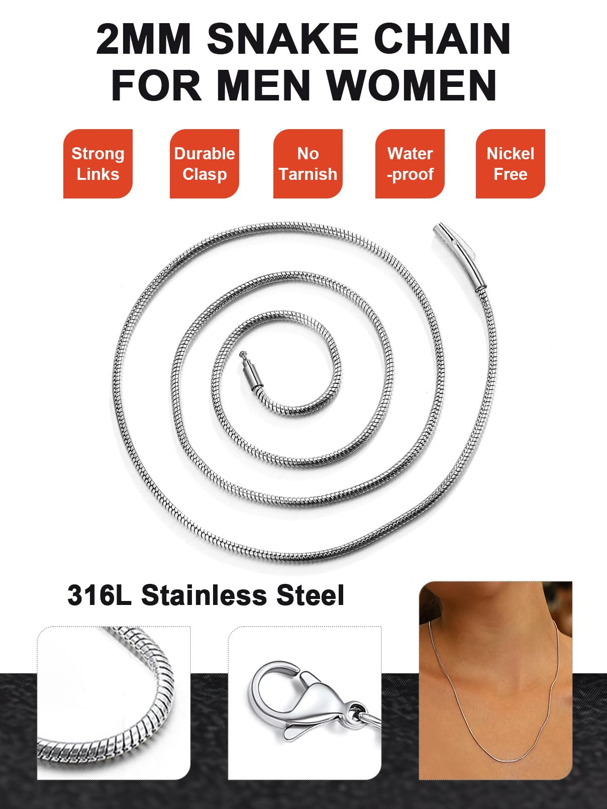 Classy Snake Chain Jewelry Women DIY Slim Chain Necklace 22 Inch 2MM Shiny Charms