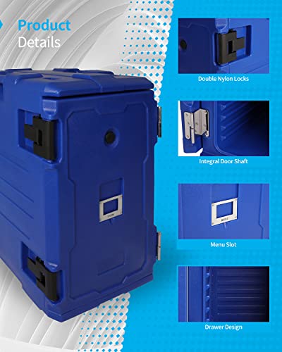 TABU 95QT End-Loading Insulated Food Pan Carrier, LLDPE Material Food Box Carrier with Double Buckles, Front Loading Portable Food Warmer with Handles (Blue)