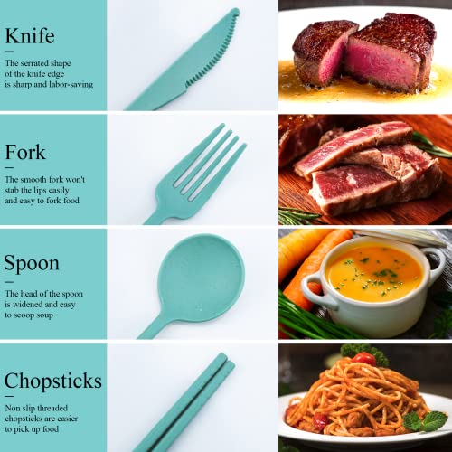 Reusable Travel Utensils with Case, 4 Sets Wheat Straw Portable Cutlery Set Chopsticks Knives Fork and Spoon Set for Lunch Box Accessories, Camping Utensil Set Flatware Sets for Daily Use or Outdoor