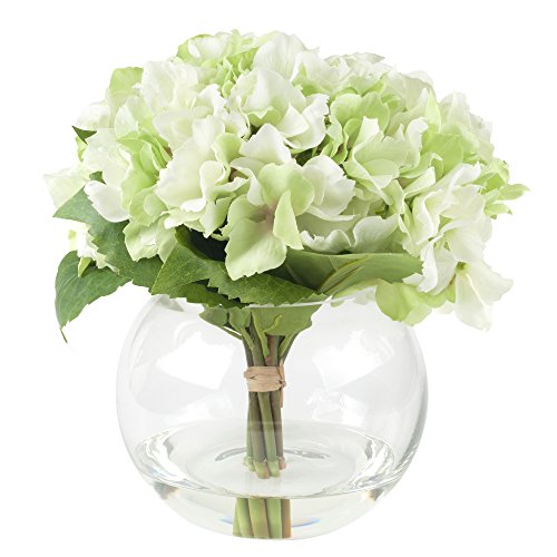 Pure Garden Hydrangea Floral Arrangement in Vase - 5-Count Artificial Flowers with Leaves in Faux Water-Filled Decorative Clear Glass Bowl (Green)