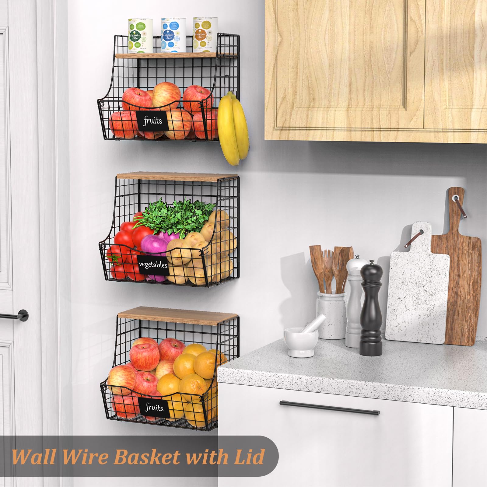 Fruit Basket for Kitchen with Wood Lid - Counter&Wall Mounted Onion and Potato Storage with Nameplate, Stackable Storage Basket, Hanging Metal Wire Baskets Kitchen Countertop Organizer Pantry 3 Pack