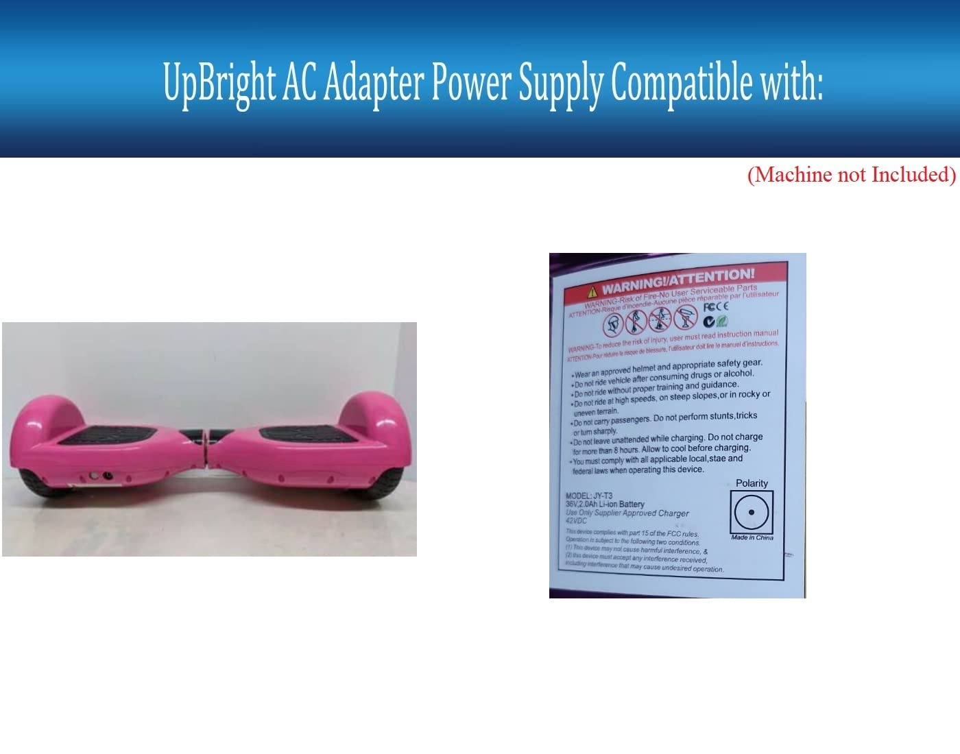 UpBright 42V AC/DC Adapter Compatible with Model JY-T3 JYT3 36V 2.0Ah 2Ah Lithium Li-ion Battery Hooverboard Self Balancing Chrome Gold Hoover Hover Board Electric Scooter 42VDC Power Supply Charger