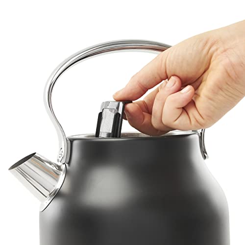 Haden 75095 Heritage 1.7 Liter Stainless Steel Body Countertop Retro Electric Kettle with Auto Shutoff & Dry Boil Protection, Black/Chrome