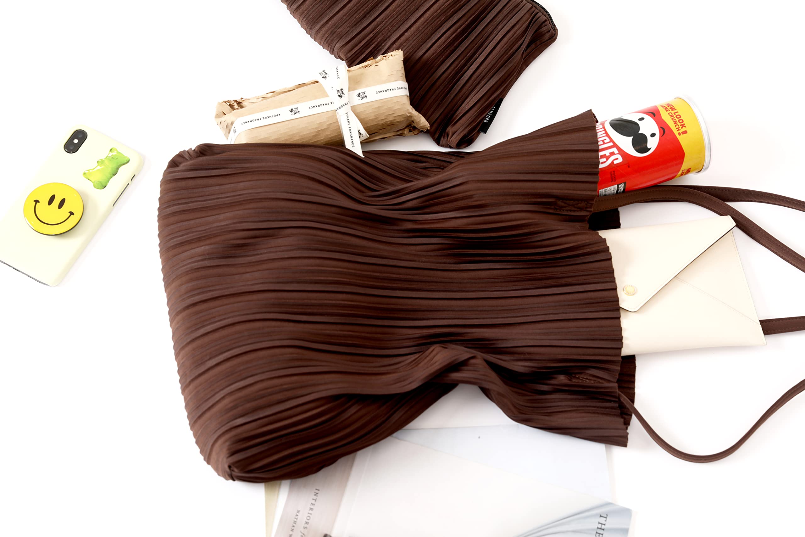 BLUEORB Each Bag Casual Washable Pleats Women's Versatile 100% Recycled Polyester Daily Shoulder Bag Tote Hobo Pouch Set (Just Brown)
