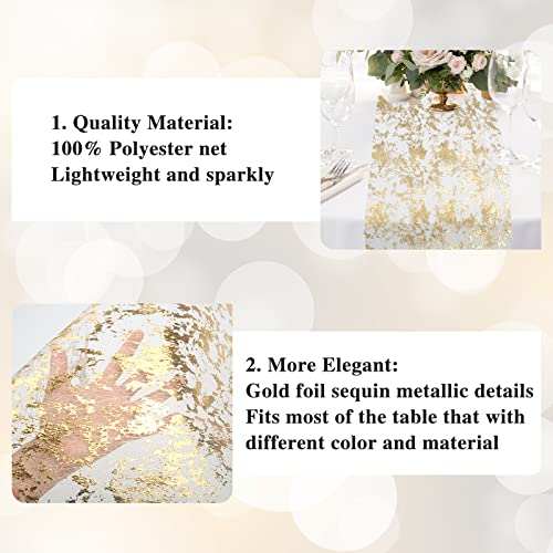 Ohanniewa Gold Table Runner 11 inch x 32 Feet Glitter Metallic Gold Foil Mesh Table Runner Roll Table Decorations for Wedding, Birthday, Banquet, Christmas