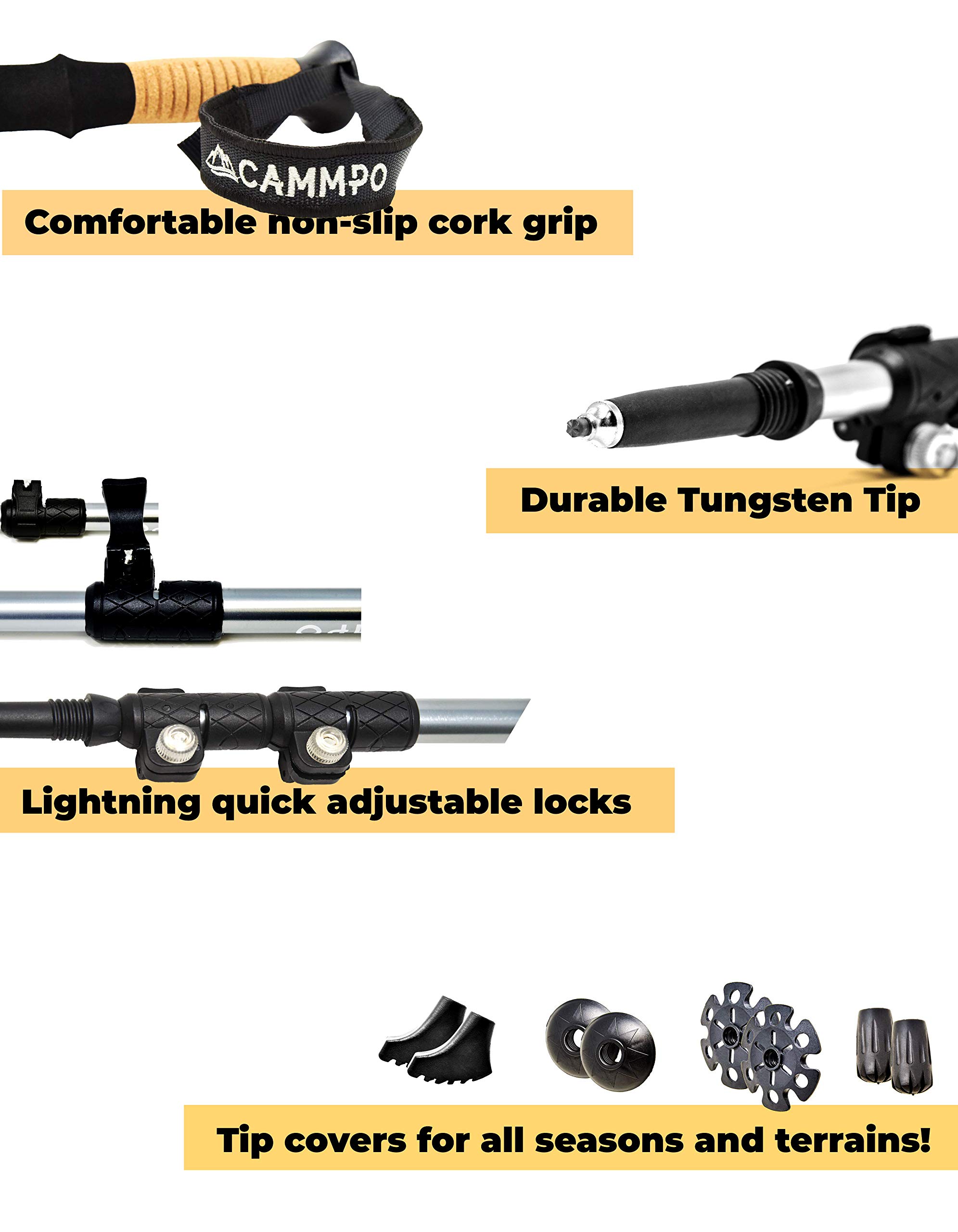 CAMMPO Trekking Poles Collapsible - Hiking Poles - Lightweight Aluminum 7075 - Walking Sticks (2-pc) w/Tungsten Tip, Flip-Lock System & Cork Grip