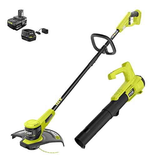 RYOBI ONE+ 18V Cordless Battery String Trimmer and Blower Combo Kit (2-Tools) with 4.0 Ah Battery and Charger