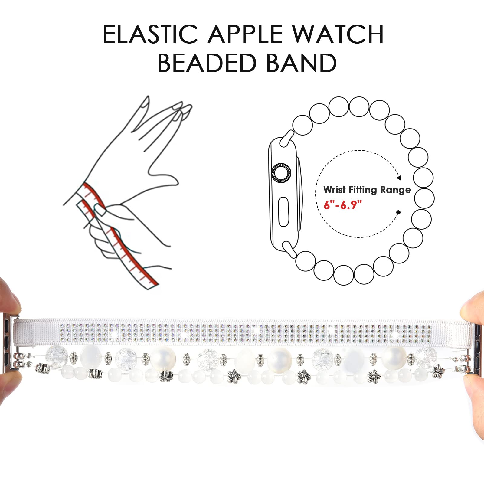 CAGOS Beaded Bracelet Compatible with Apple Watch Band 41mm 38mm 40mm Women, Bling Charm Elastic Scrunchie Dressy Strap for iWatch Bands Series 9/8/7/6/5/4/3/2/1/SE, Pure White