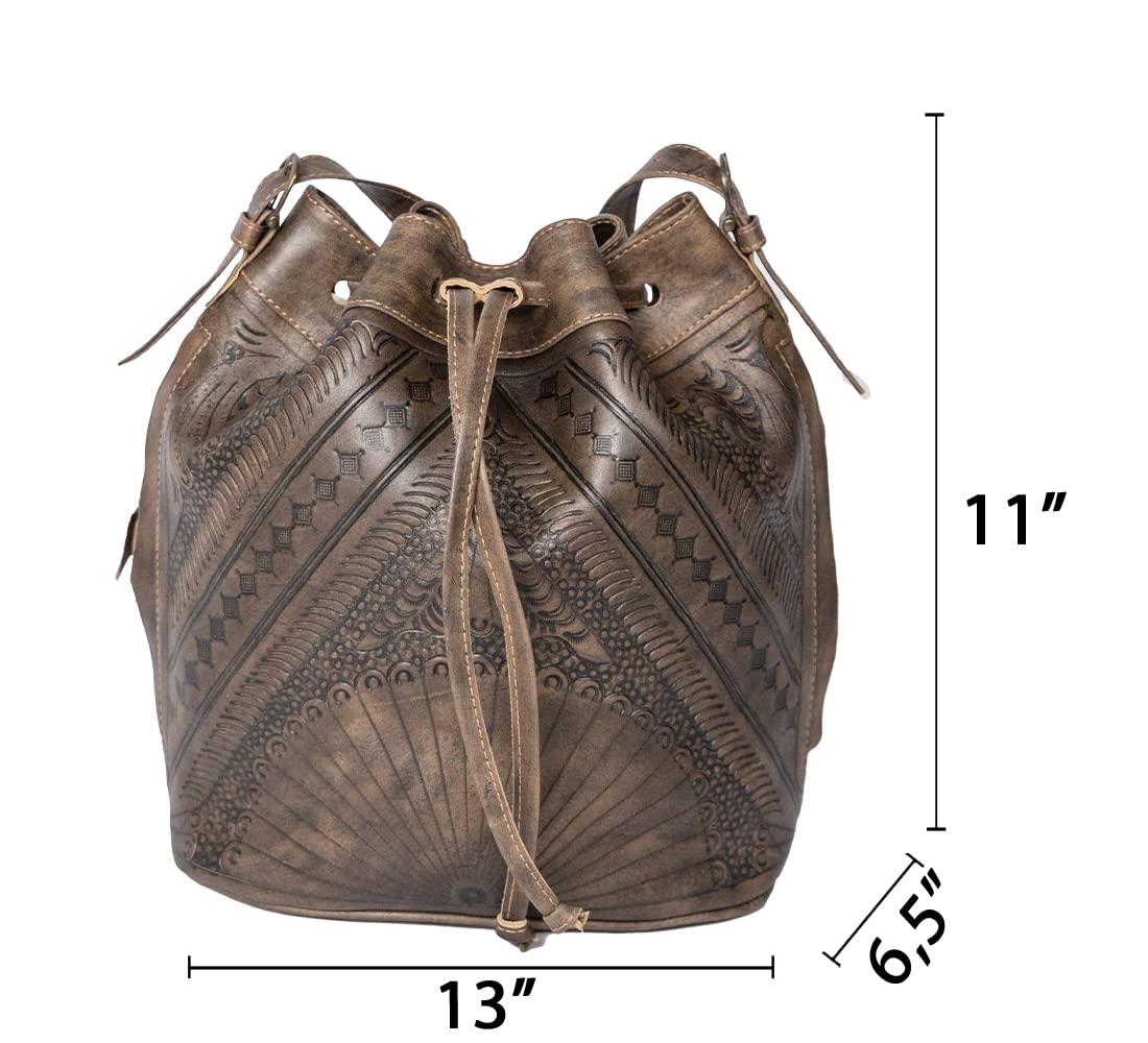 Womens Drawstring Bucket Bag, Genuine Leather Crossbody Bag, Hand tooled, Dark Brown, Handmade Leather Purse