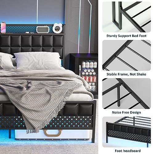 Halitaa Full Size Bed Frame with Headboard and Led Lights,Upholstered Bed Frames with Charging Station,Platform Metal Bed with Storage Shelves,No Box Spring Needed,Easy Assembly