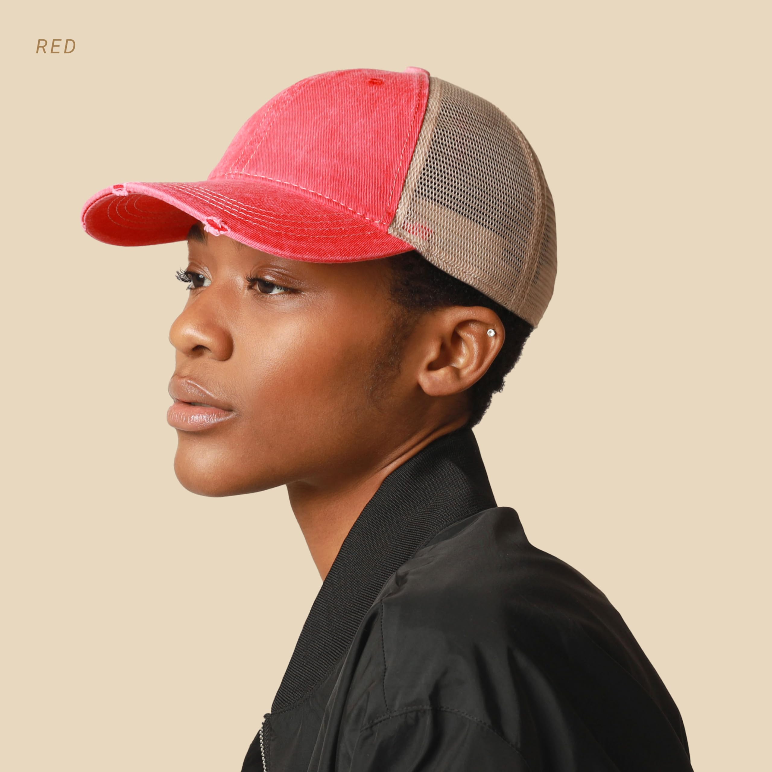 CHOK.LIDS Everyday Premium Washed Trucker Hat Unstructured Distressed Pigment Dyed Cap Adjustable Outdoor Headwear (Red.)