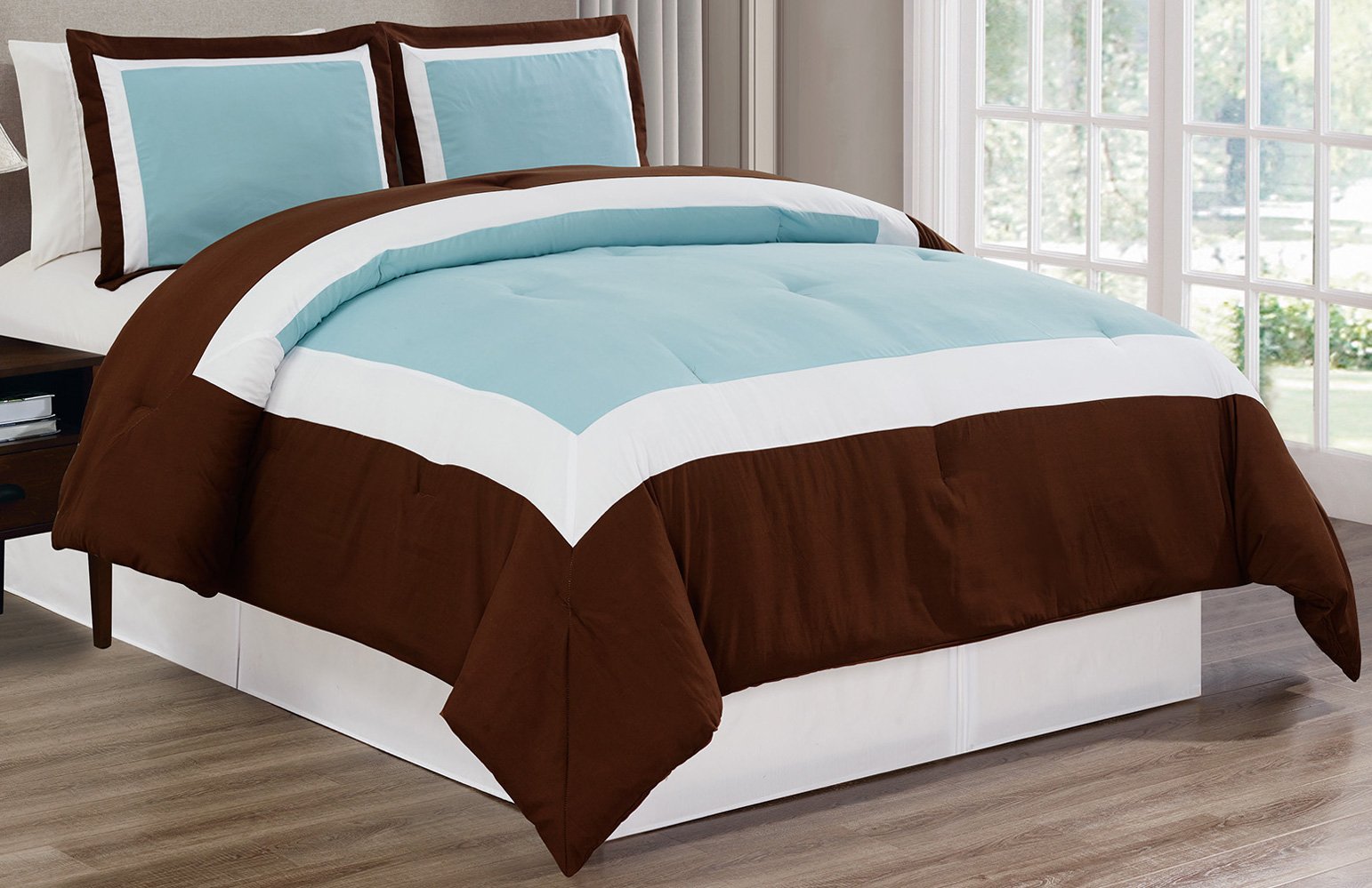 Grand Linen 3-Piece Light Blue/Brown/White Color Block Duvet Cover Set, King Size Includes 1 Cover and 2 Shams - Brushed Microfiber - Luxury, Ultra Soft and Durable