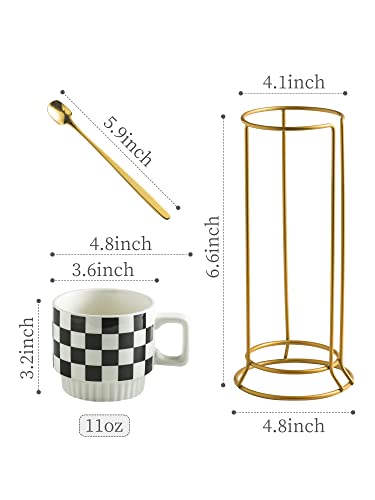 Miamolo Stackable Coffee Mug Set of 4 with Rack 11 oz Tea Cup Set with Tea Spoon Perfect for Coffee, Tea, Cocoa, Milk Chessboard Black and White Pattern Coffee Mug as Christmas Gifts