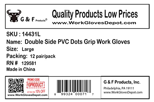 G & F Products unisex adult Pvc Dot work gloves, Grey, Large 12 Pairs US