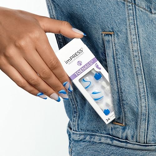 KISS imPRESS Press-On Manicure Fake Nails, Medium Coffin, Mesmerize, Blue, Comfortable, Super Hold Adhesive, No Glue/Polish, Chip Proof, No Dry Time, Smudge Proof, Waterproof | 30 Count