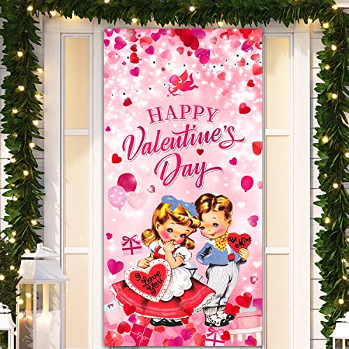 Happy Valentine's Day Door Cover - Valentine Valentine's Day Banner Large Fabric Valentine's Day Love Background Indoor Outdoor Decoration for Valentine's Day Party Supplies(70.9 x 35.4 Inch)