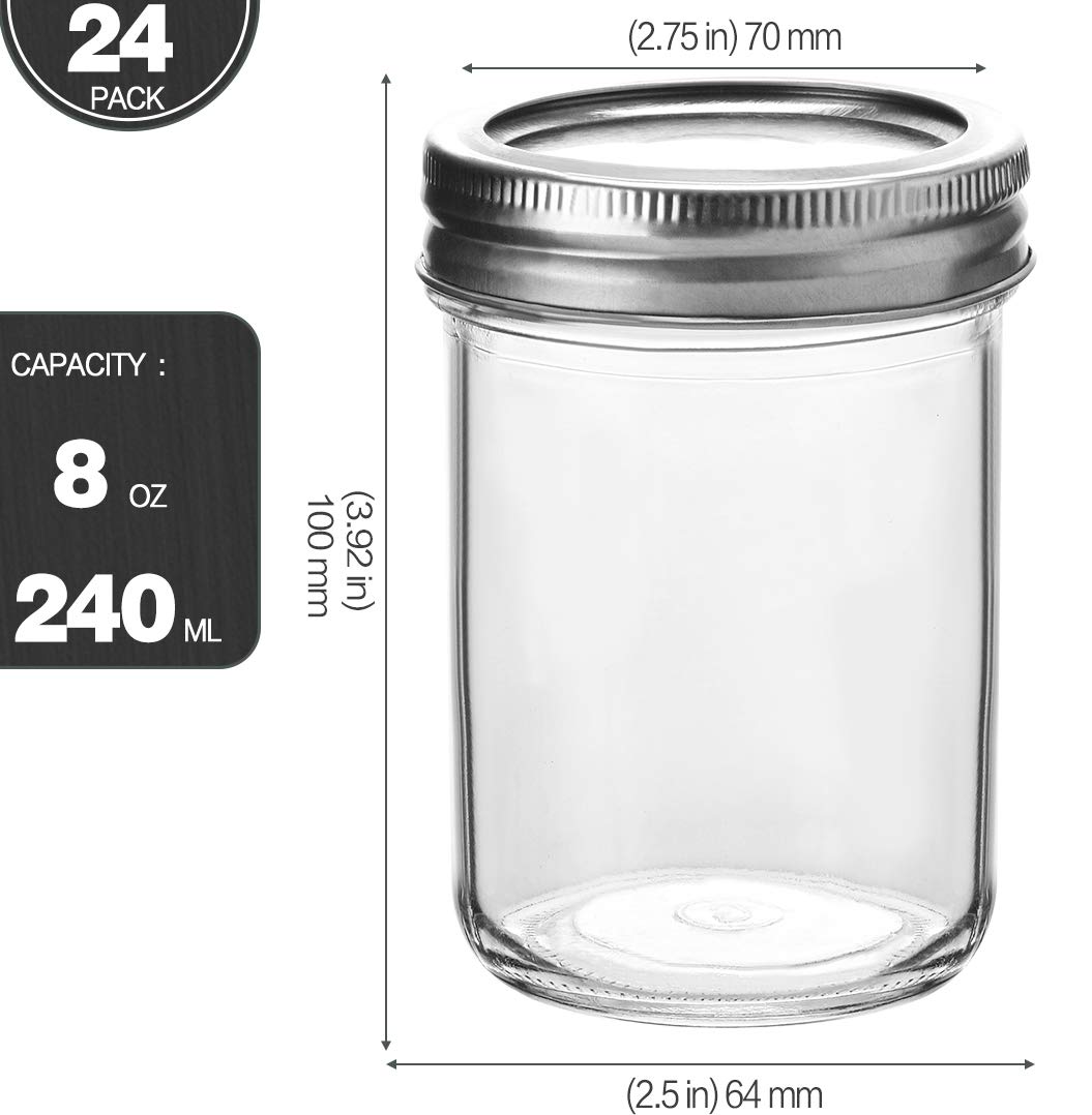 KAMOTA Mason Jars, 8 oz Glass Jars With Regular Lids and Bands, Ideal for Jam, Honey, Wedding Favors, Shower Favors, DIY Spice Jars, 24 PACK, Extra 24 Lids & 30 Whiteboard Labels