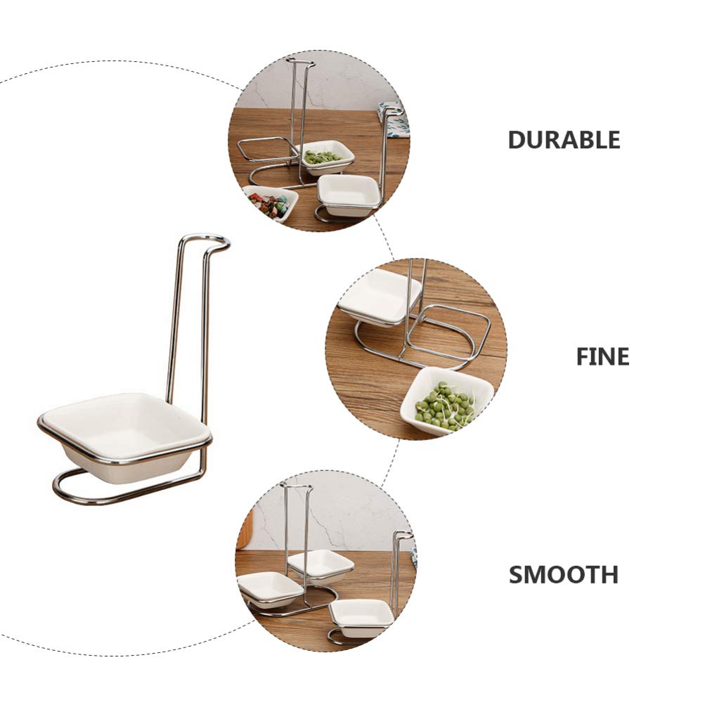DOITOOL White Ceramic Double Ladle Spoon Rest Holder with Stainless Steel Rack Upright Utensil Holder for Stovetop Kitchen Counter Organization