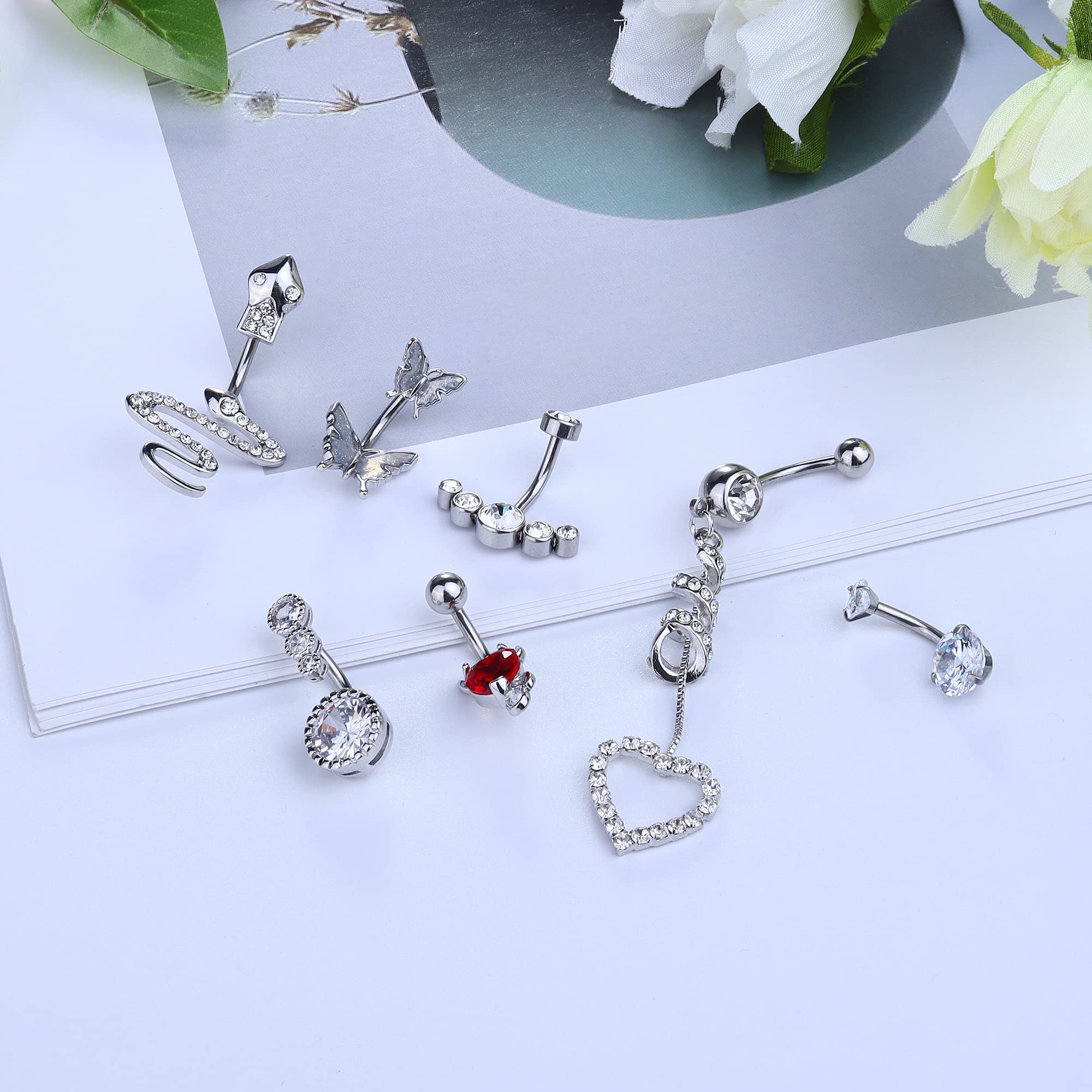 CASSIECA 7Pcs 14G Belly Button Rings Dangle for Women Stainless Steel Snake Butterfly Devil Heart Clear CZ Navel Rings Body Piercing Jewelry